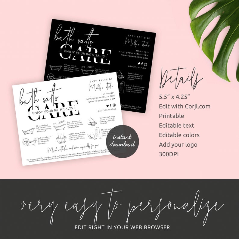 Minimalist Bath Salts Care Card Template, Editable Bath Soak Care Guide ...