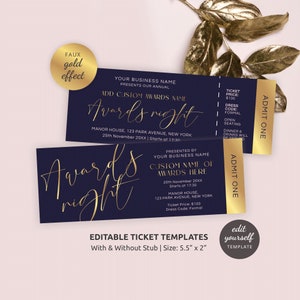 Awards Ticket Template, Navy & Gold, Custom Award Ceremony Entry Pass ...