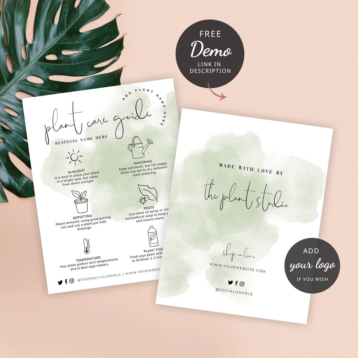 Customizable Plant Care Card Template, Sage Green Pot Plant Care ...