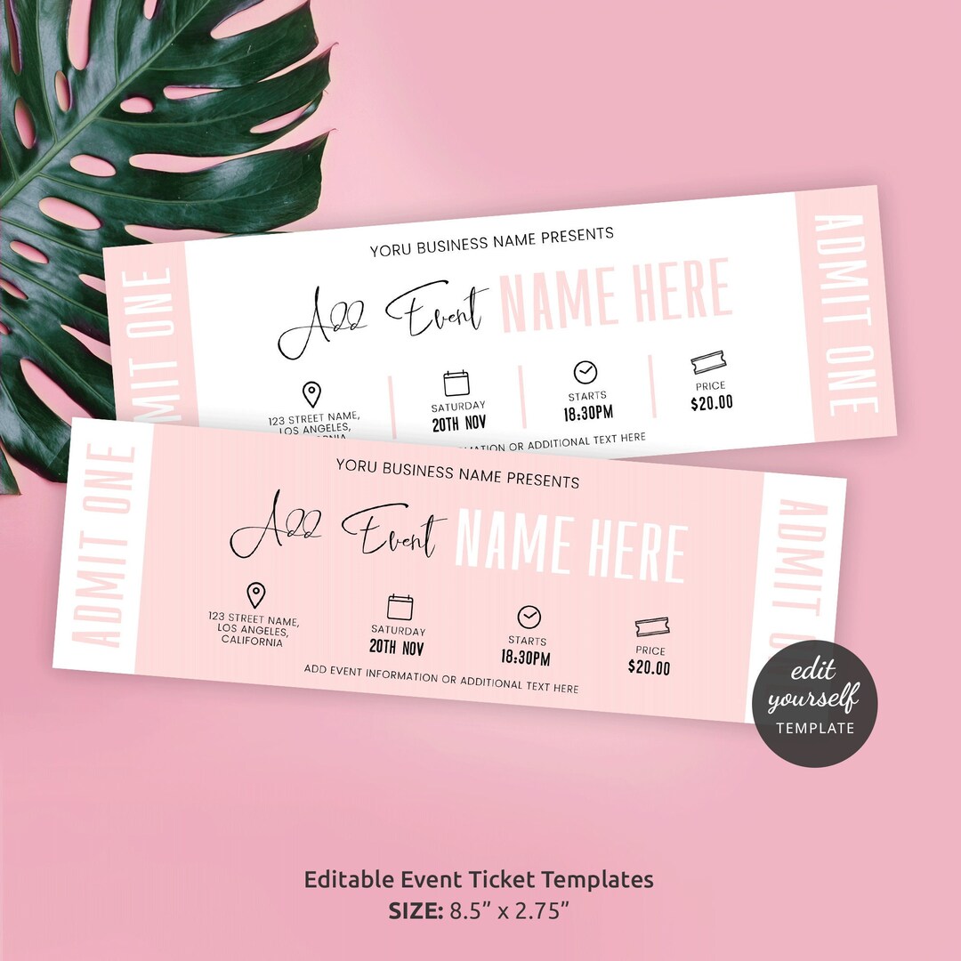 Feminine Event Ticket Template, Editable Business Entry Pass 8.5x2.75 ...