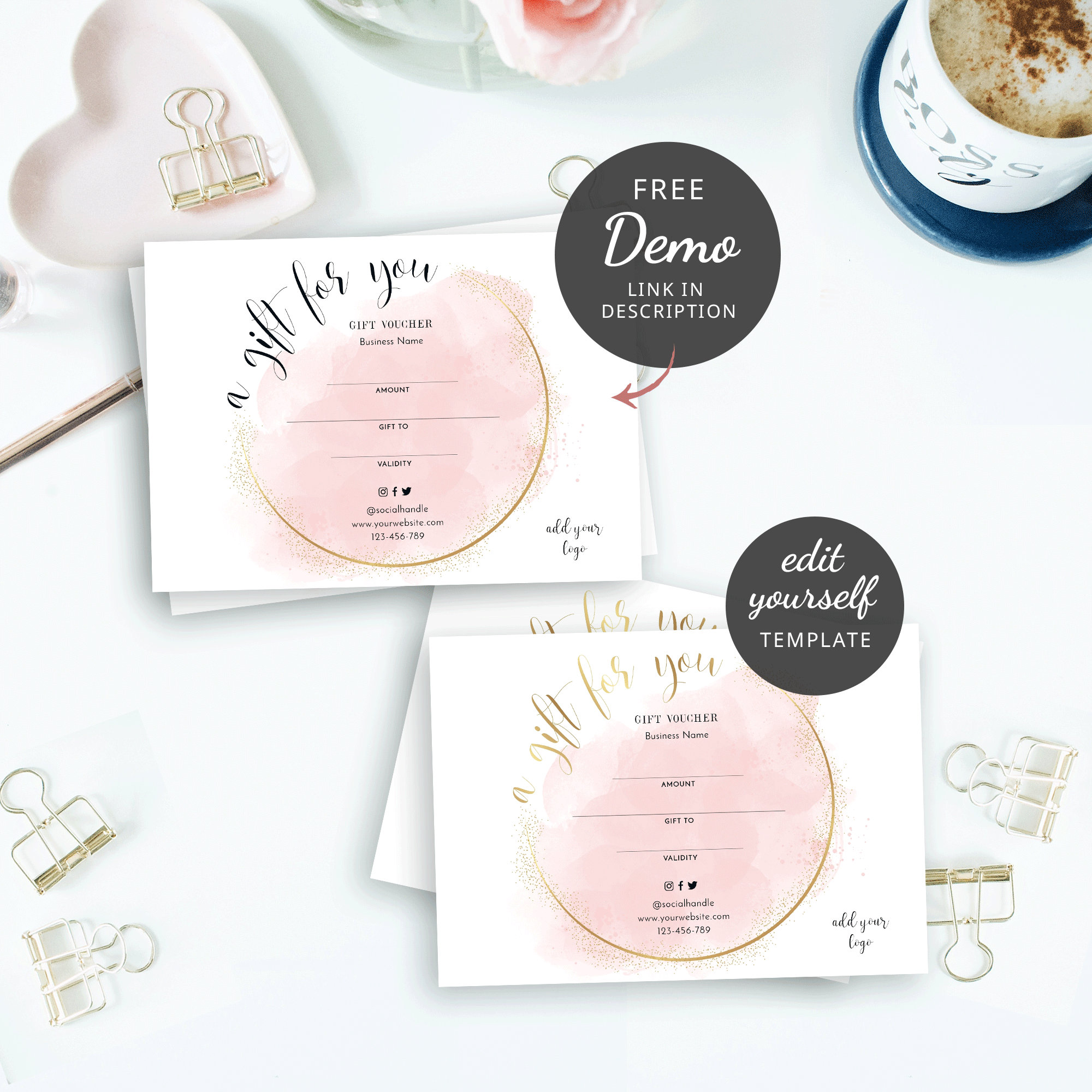 Editable Gift Voucher Template, Pink & Gold, Instant Beauty Gift ...