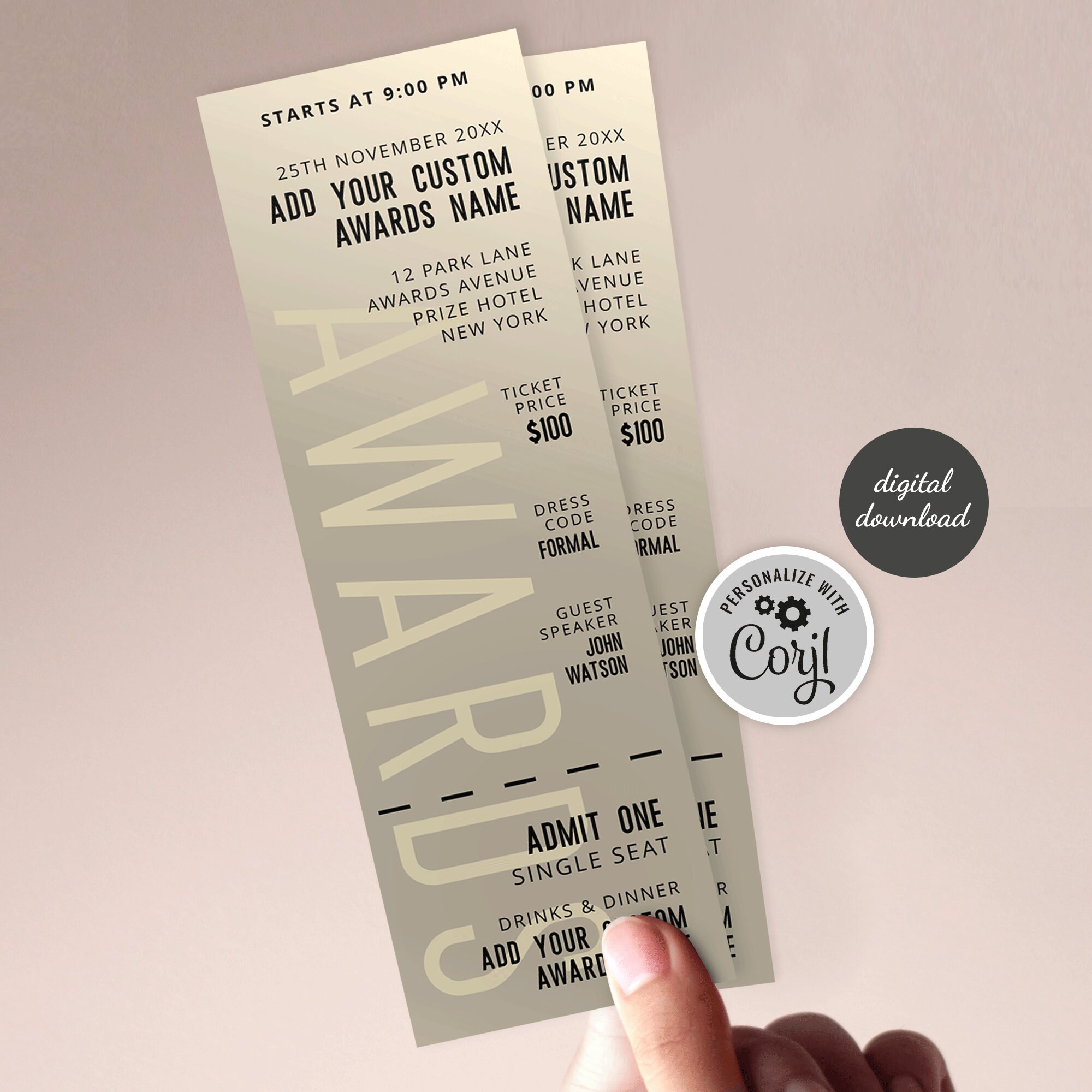 Gold Event Ticket Template, Elegant Awards Ceremony Entry Pass 8.5x2.75 ...