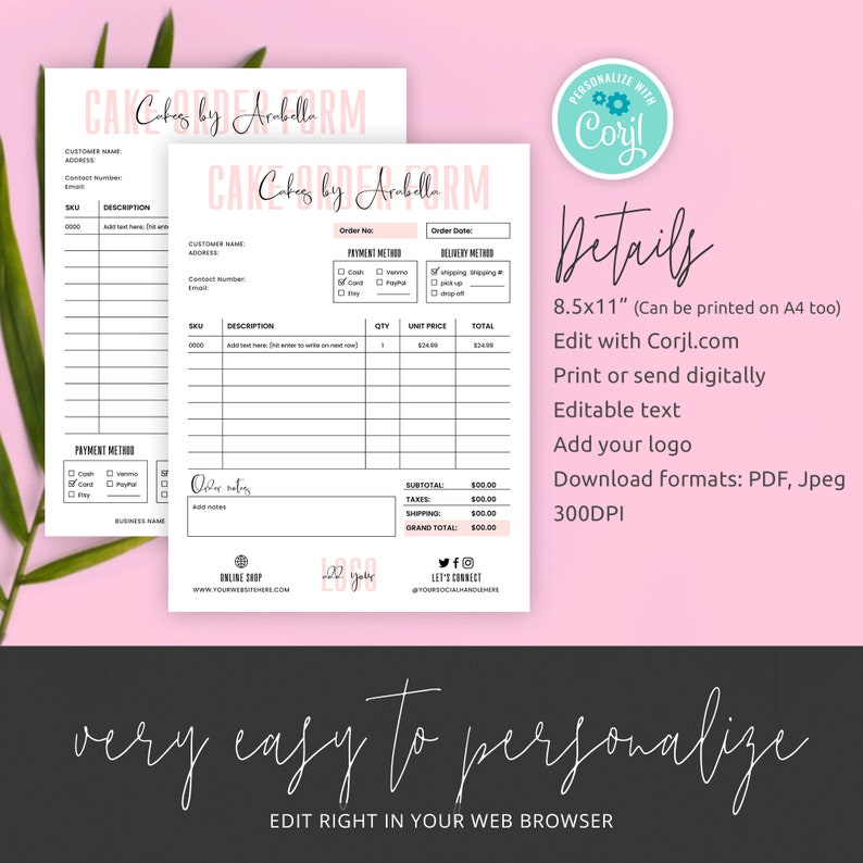 Cake Order Form Template Editable Bakery Invoice Design - Etsy