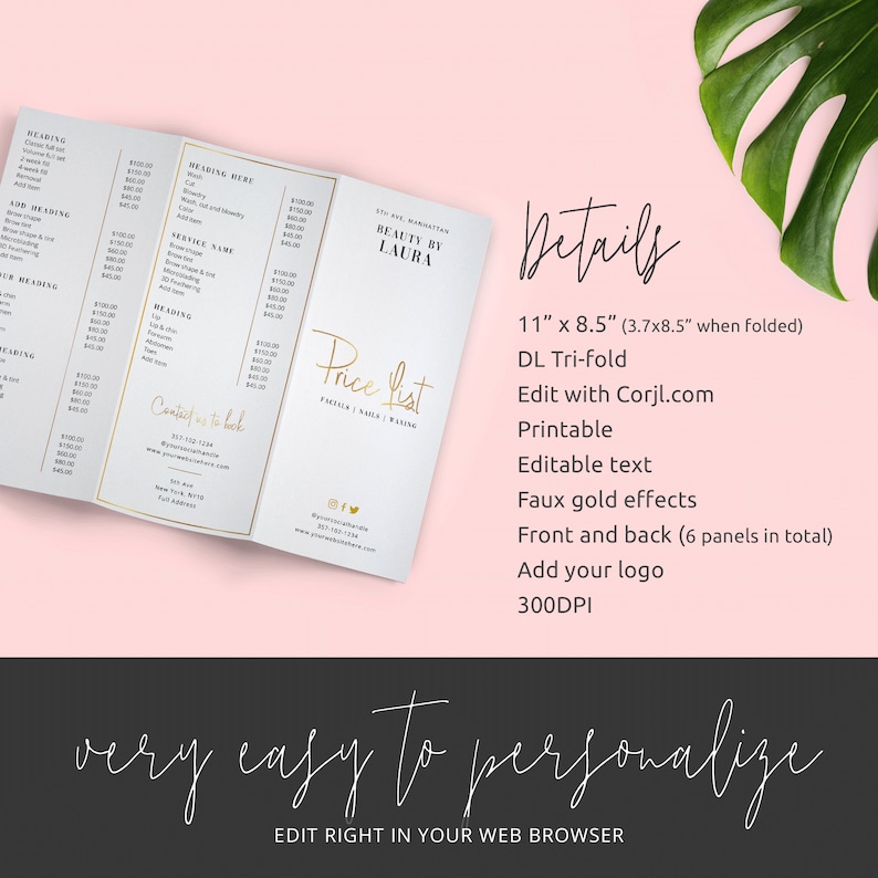 Editable DL Price List Template, Tri-fold Price Sheet Design, Printable ...