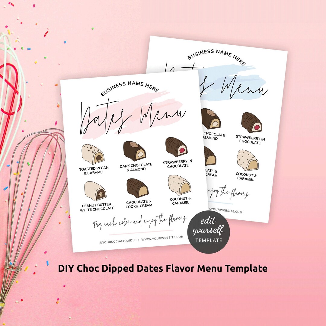Chocolate Covered Dates Menu Template, Editable Stuffed Dates Flavor ...