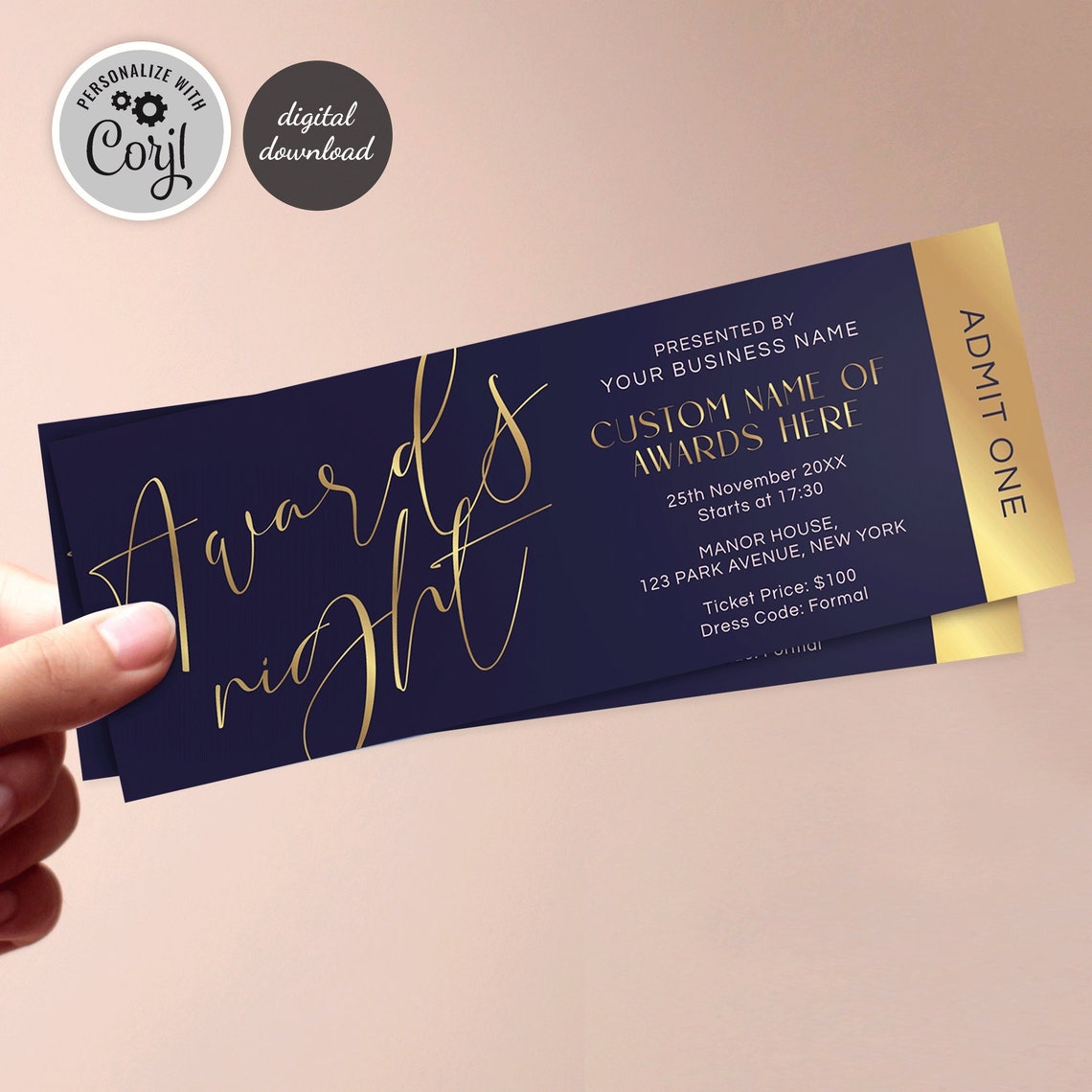 Awards Ticket Template, Navy & Gold, Custom Award Ceremony Entry Pass ...