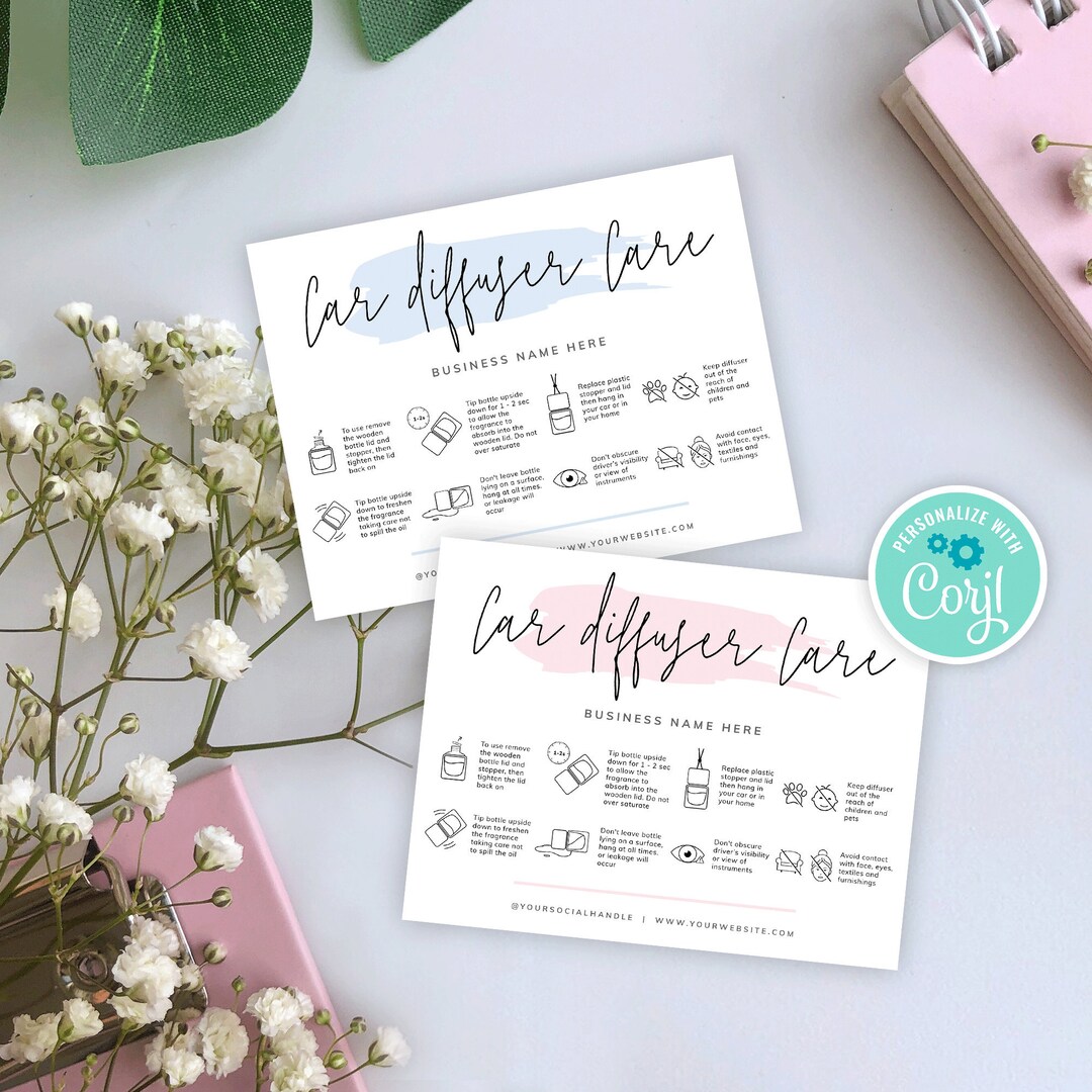 Car Diffuser Care Guide Template, Printable Hanging Diffuser Care Card ...
