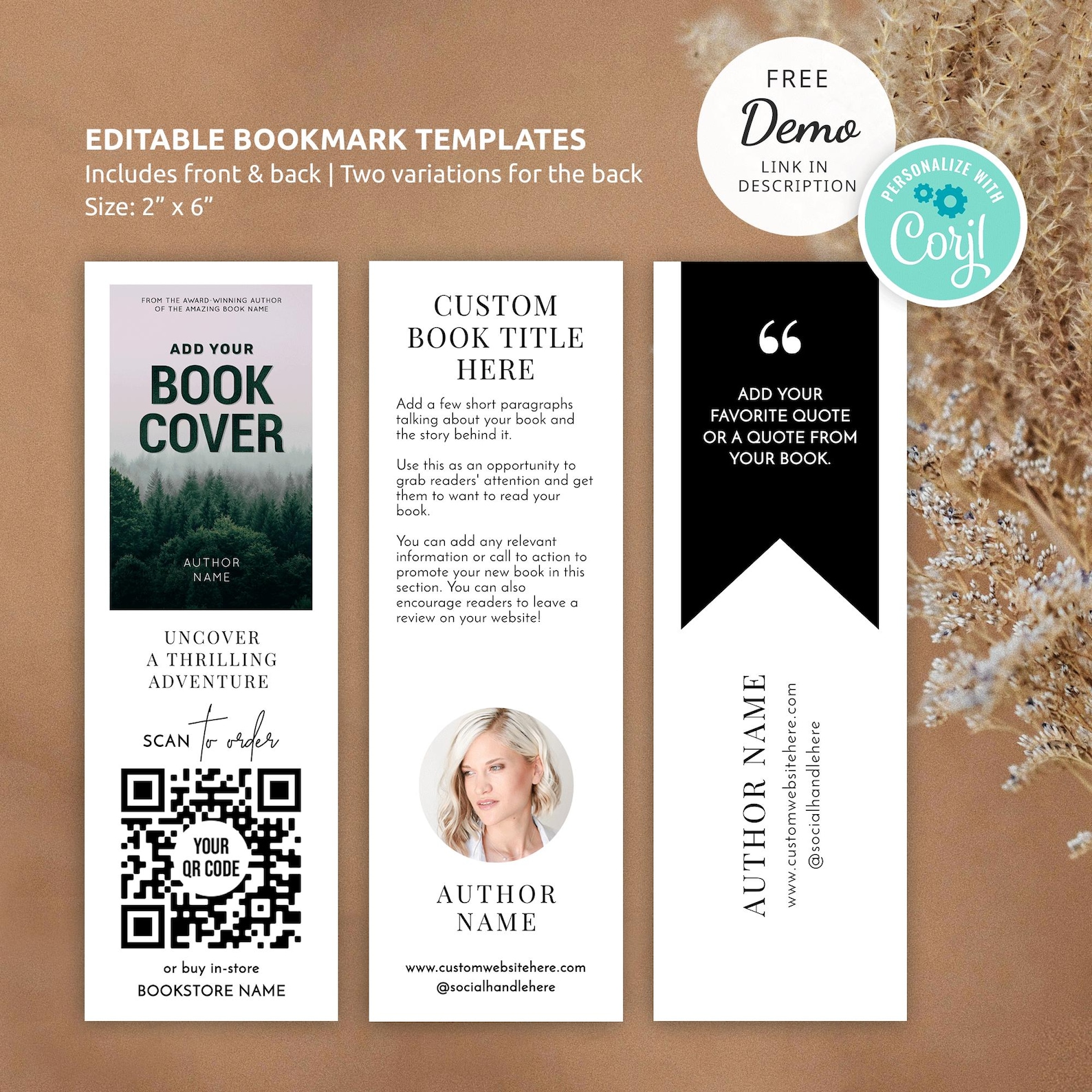 Author Bookmark Template, Custom Book Cover Bookmark, Minimalist Design ...