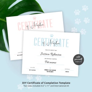 Pet Adoption Certificate Template, Custom Cat & Dog Shelter Certificate ...