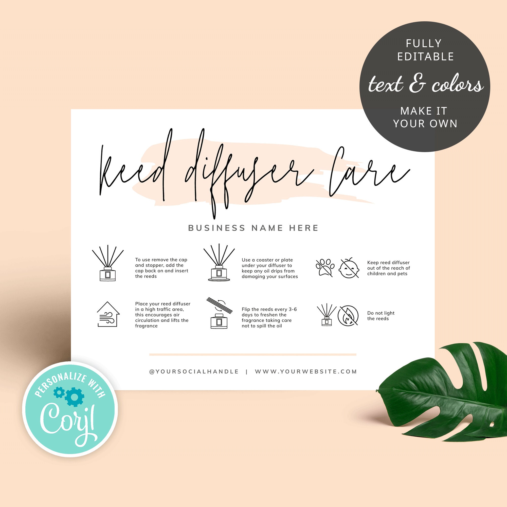 Reed Diffuser Care Guide Template, Custom Room Diffuser Care Cards ...