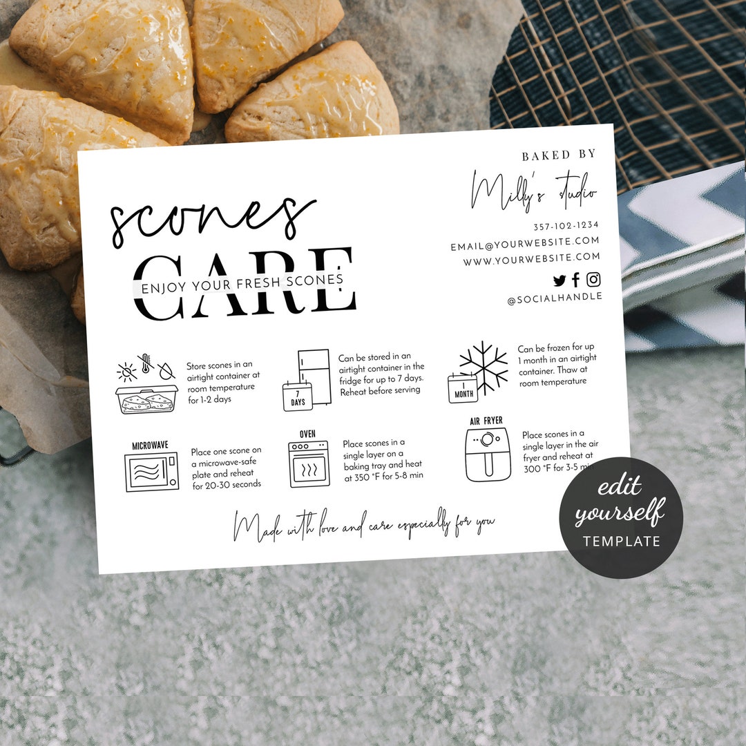 Minimalist Scones Care Card Template, Scones Storage & Reheating ...