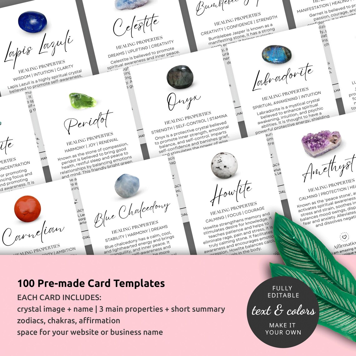 100 Crystals Healing Properties Cards Template Canva, Editable ...