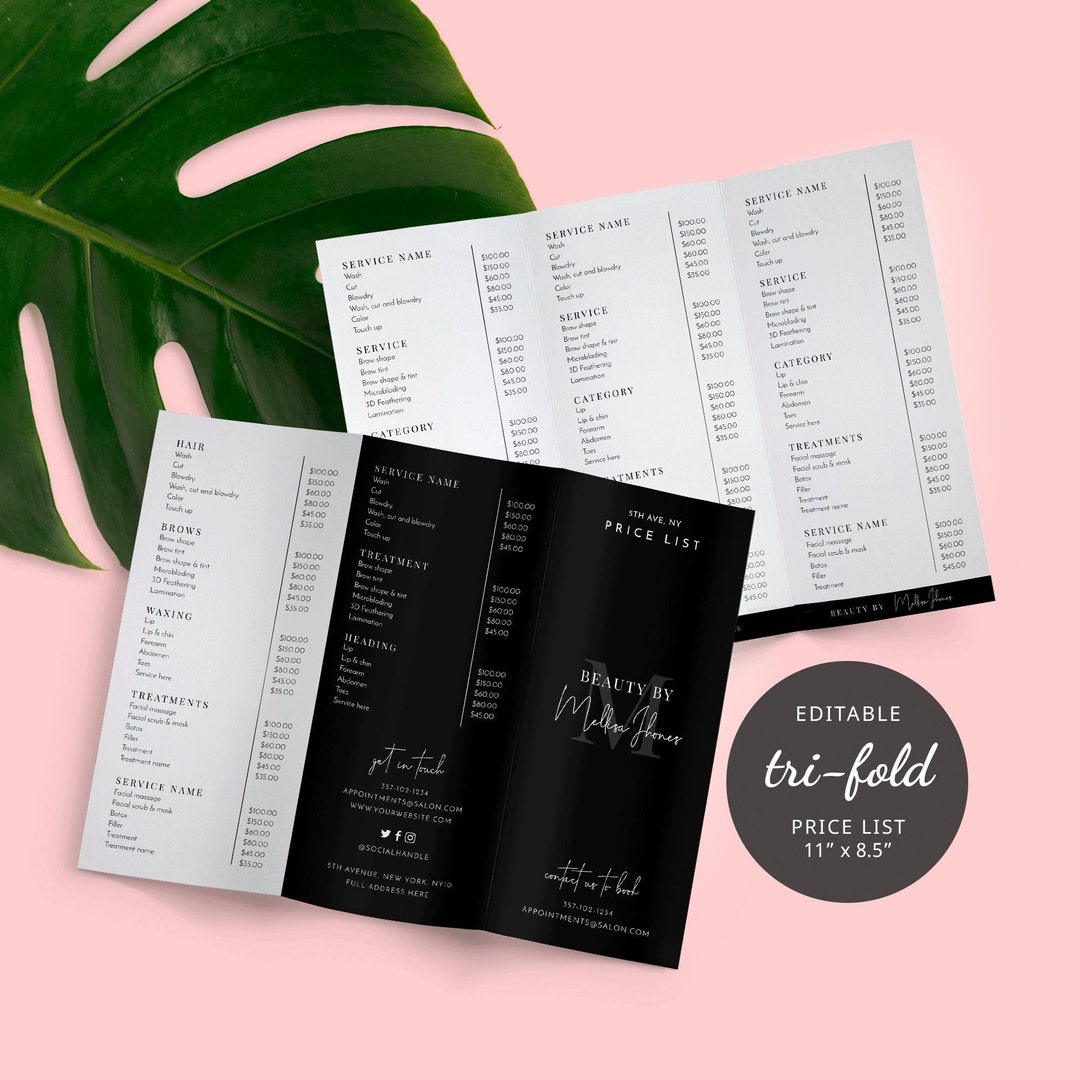 Tri-fold Price List Template, Editable Business Pricing Sheet ...
