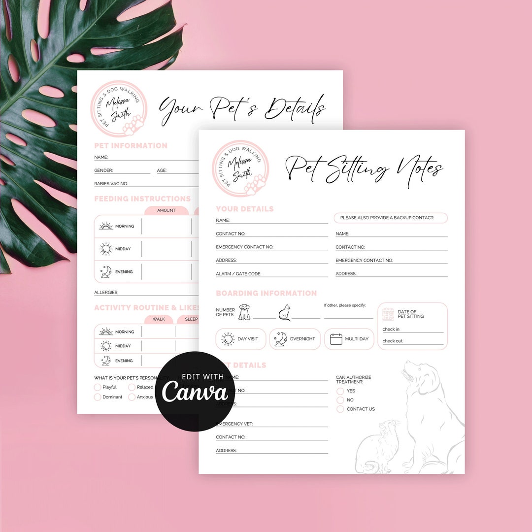 Pet Sitter Templates Canva, Custom Pet Boarding Forms, Printable Dog ...