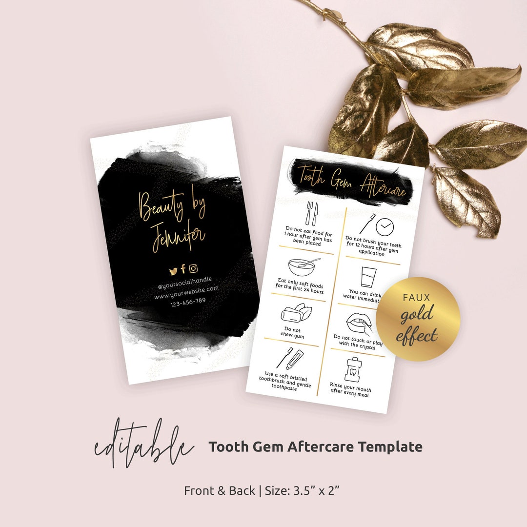 Tooth Gem Aftercare Template, Black and Gold Tooth Crystal Care Card ...