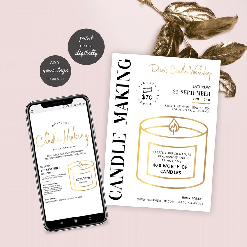 DIY Candle Class Marketing Template Faux Gold Candle Workshop - Etsy
