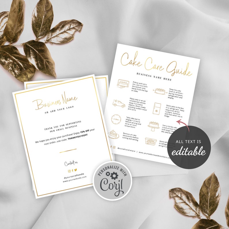 Editable Cake Care Card Faux Gold Cake Care Template - Etsy