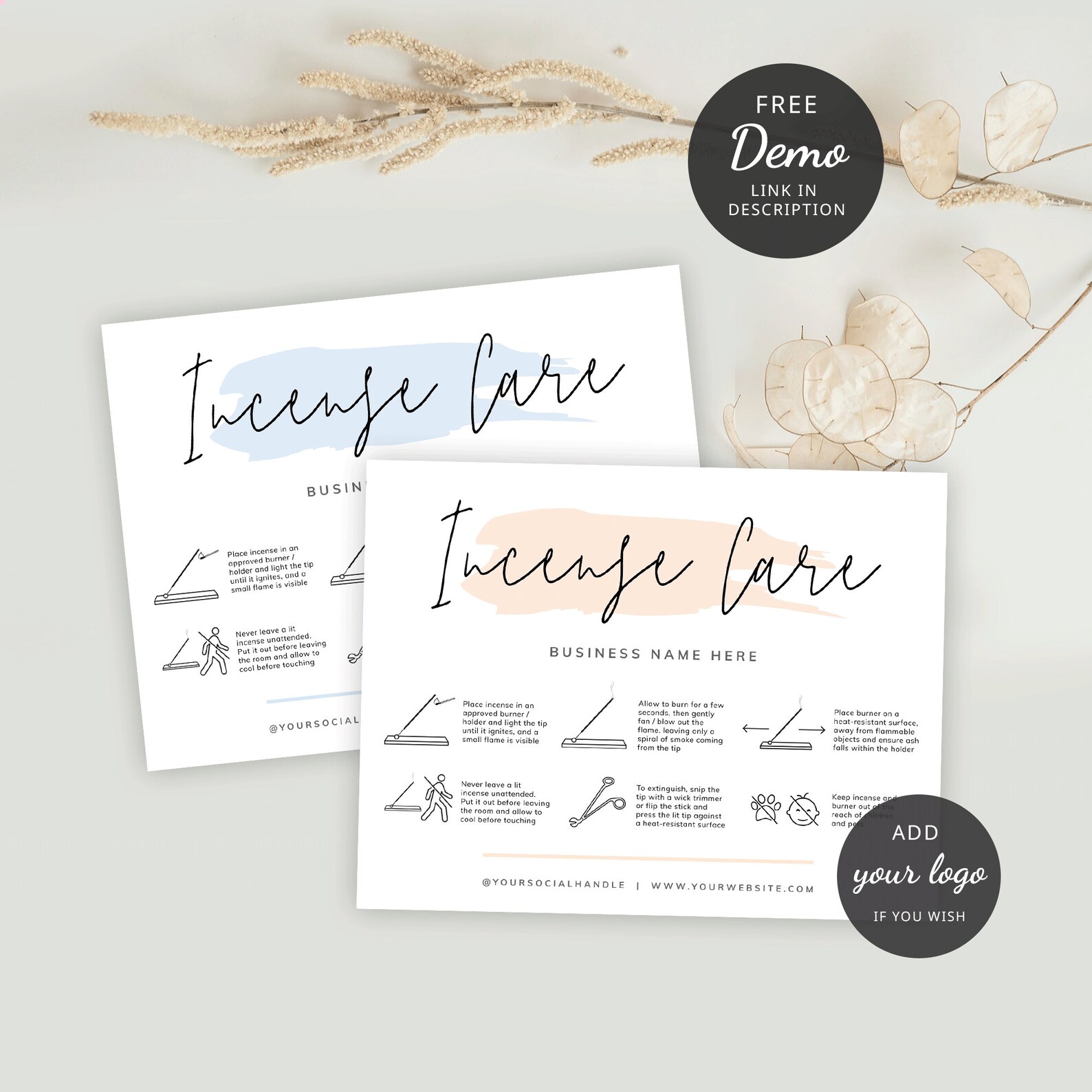 Incense Stick Care Card Template, Editable Aromatherapy Scented Sticks ...