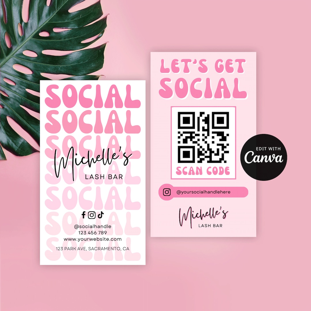 Trendy QR Code Business Card Canva Template, Retro Pink Social Media ...