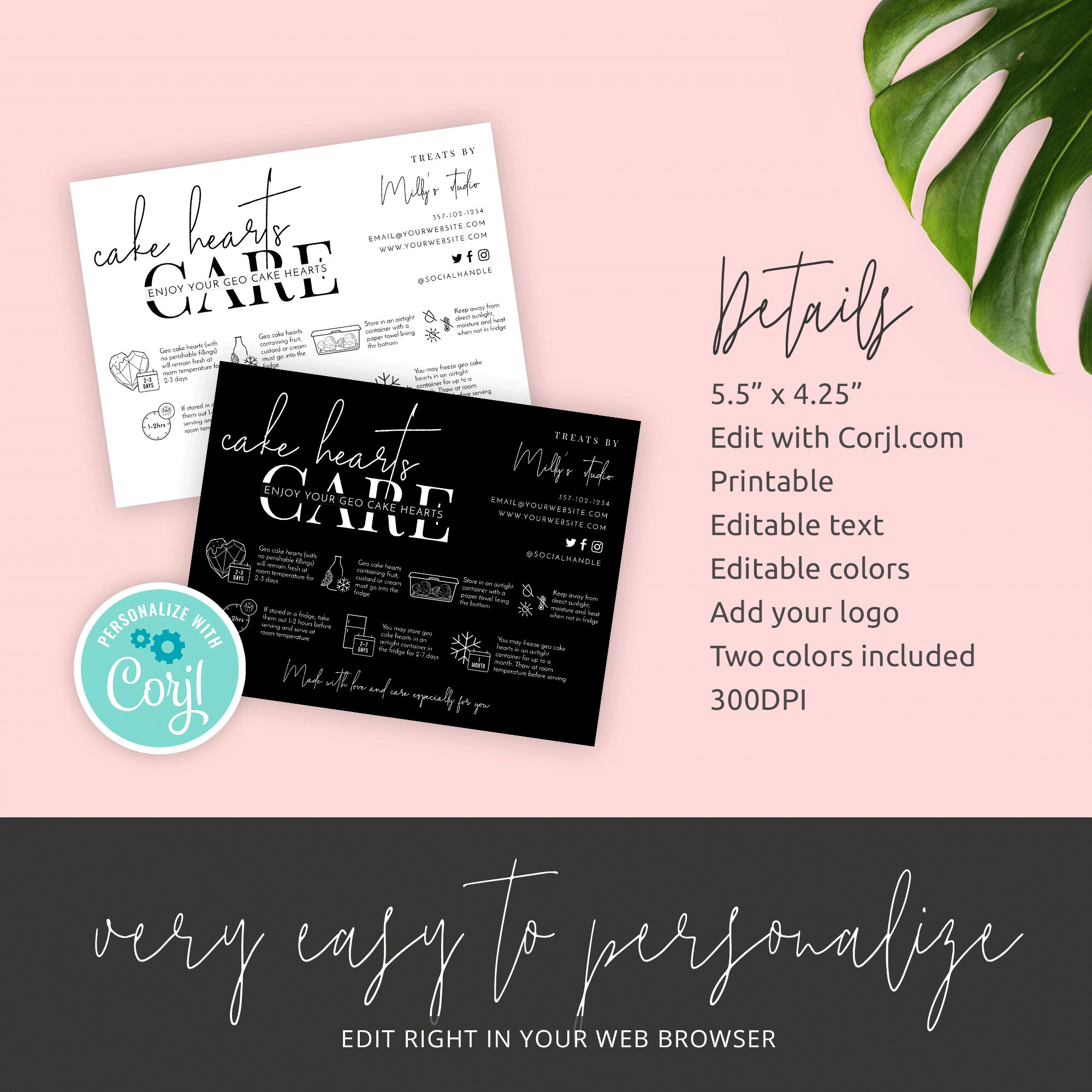 Custom Cake Hearts Care Card Minimalist Cake Gems Care Guide | Etsy