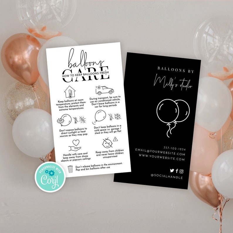 Balloons Care Card Template Editable Air and Helium Balloon - Etsy