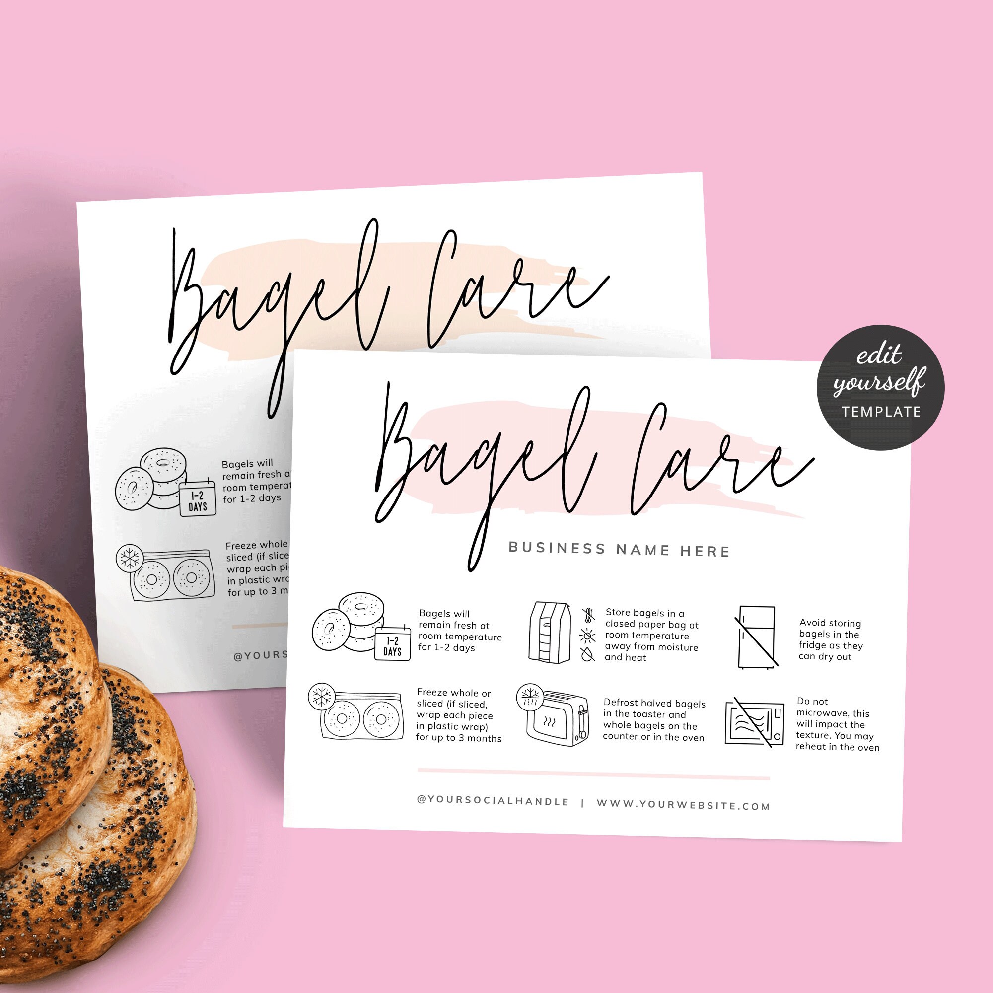 Bagel Care Card Template, Custom Bread Roll Storage Instructions Guide ...