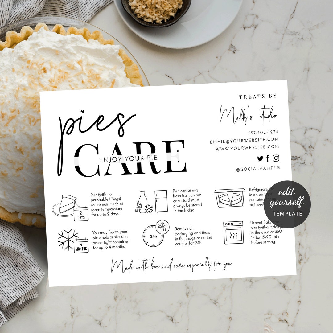 Pie Care Card Template, Custom Pastry Pie Storage and Care Instructions ...