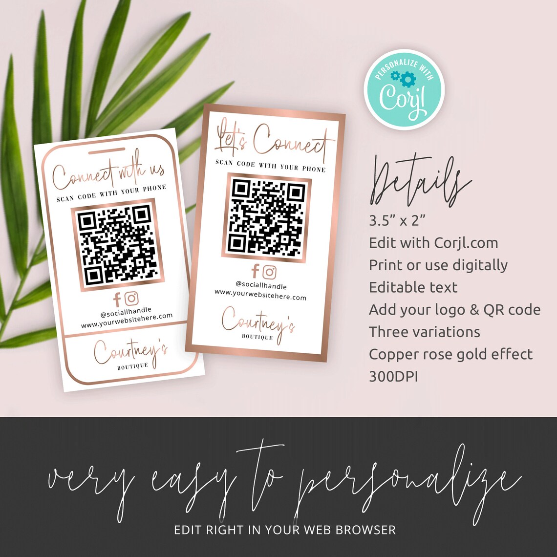 Rose Gold QR Code Business Cards Template Customizable Social - Etsy