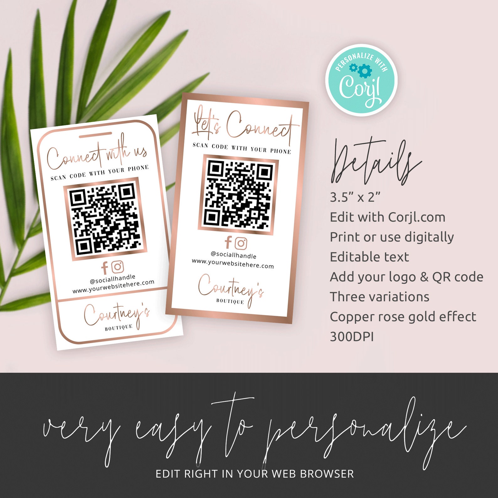 Rose Gold QR Code Business Cards Template Customizable Social - Etsy