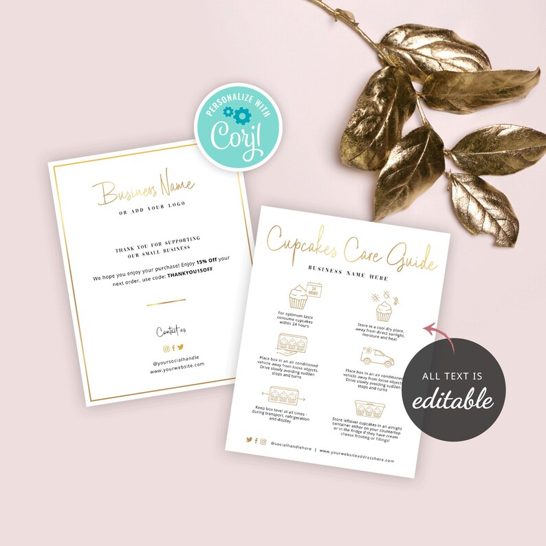 Editable Cupcakes Care Card, Faux Gold Cupcakes Care Template ...