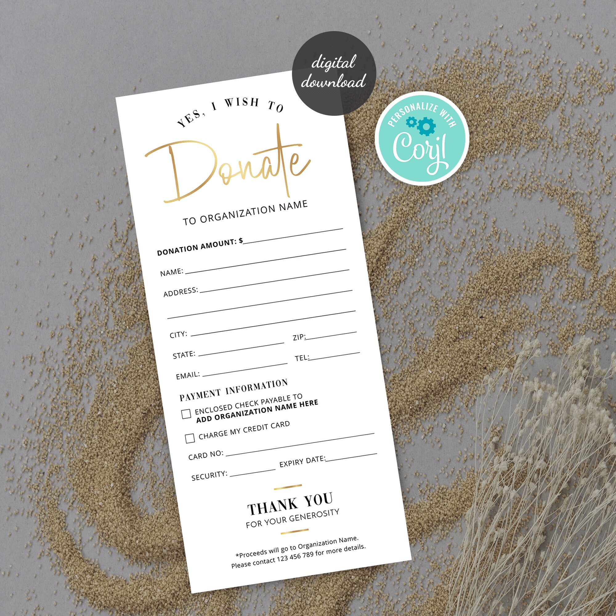 Faux Gold Donation Card Template, Customizable Fundraiser Donor Form ...