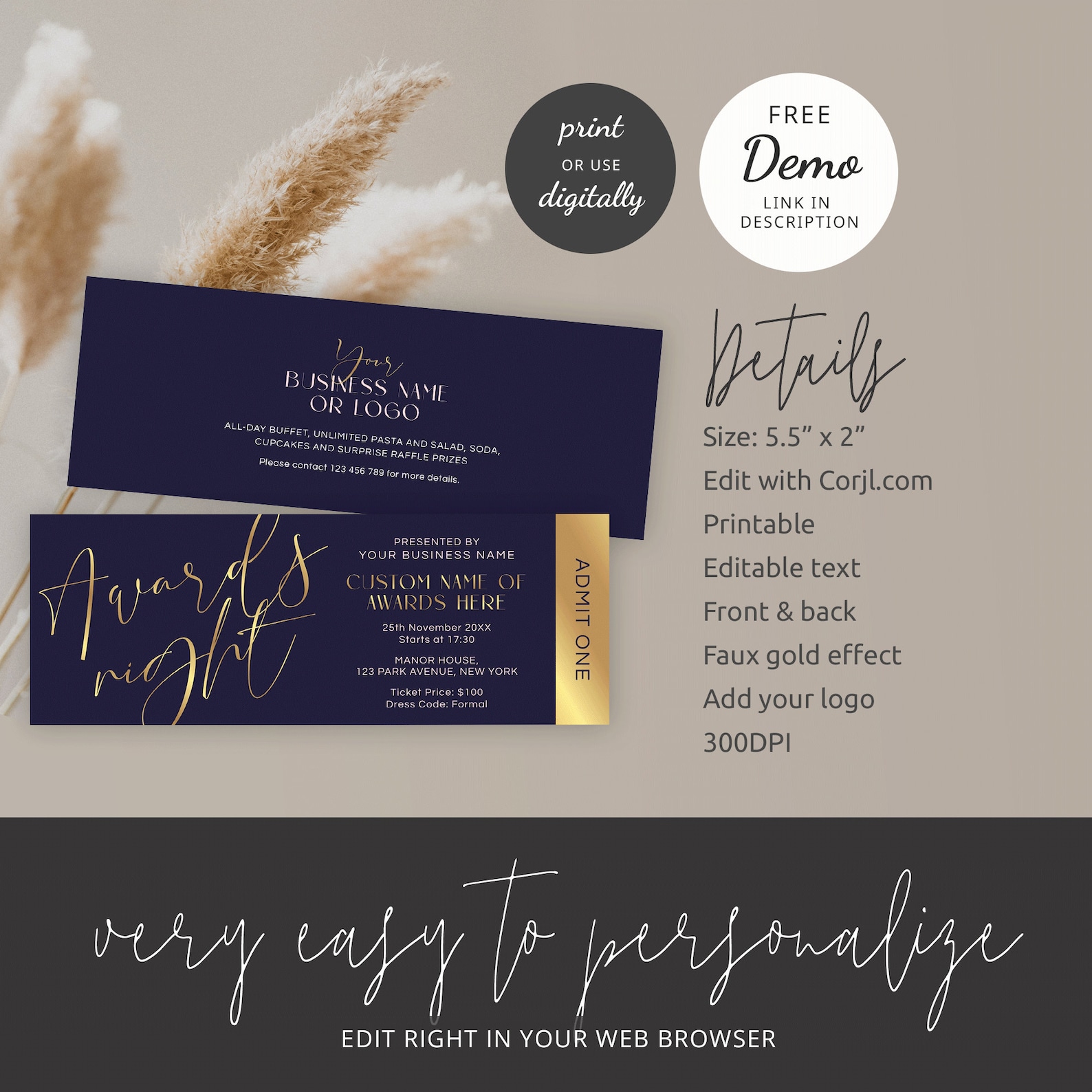 Awards Ticket Template, Navy & Gold, Custom Award Ceremony Entry Pass ...