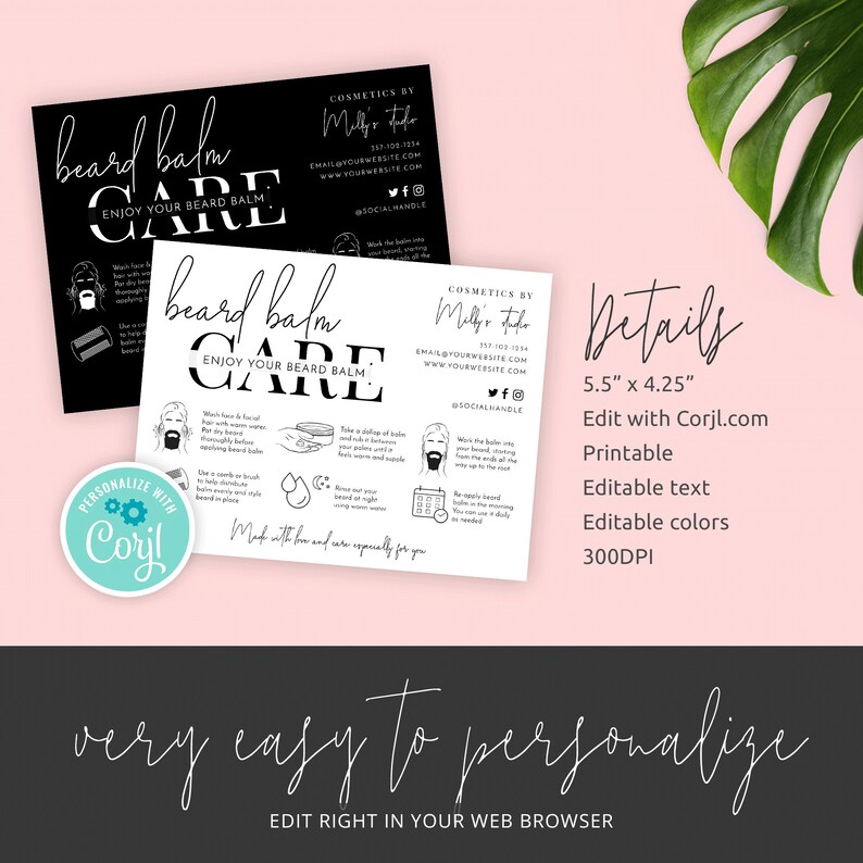Beard Balm Care Card Template, Editable Beard & Moustache Pomade ...