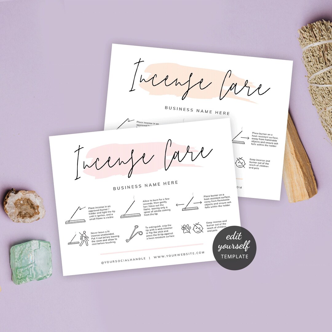 Incense Stick Care Card Template, Editable Aromatherapy Scented Sticks ...