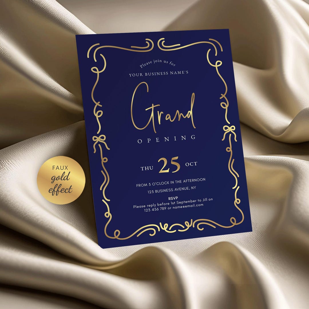 Business Grand Opening Invitation Template, Navy & Faux Gold Foil ...