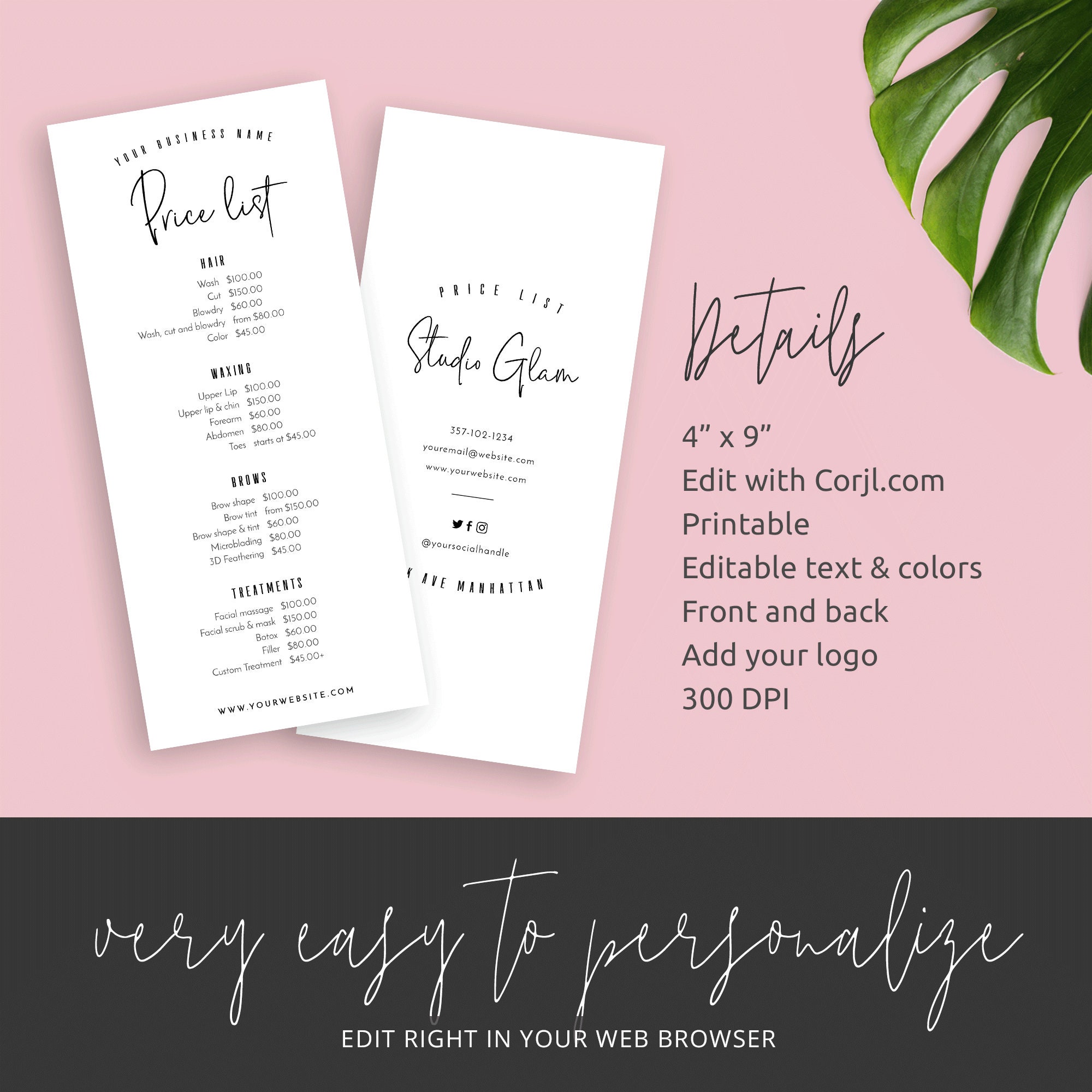 Minimal Pricing List Rack Card Template Printable Business | Etsy