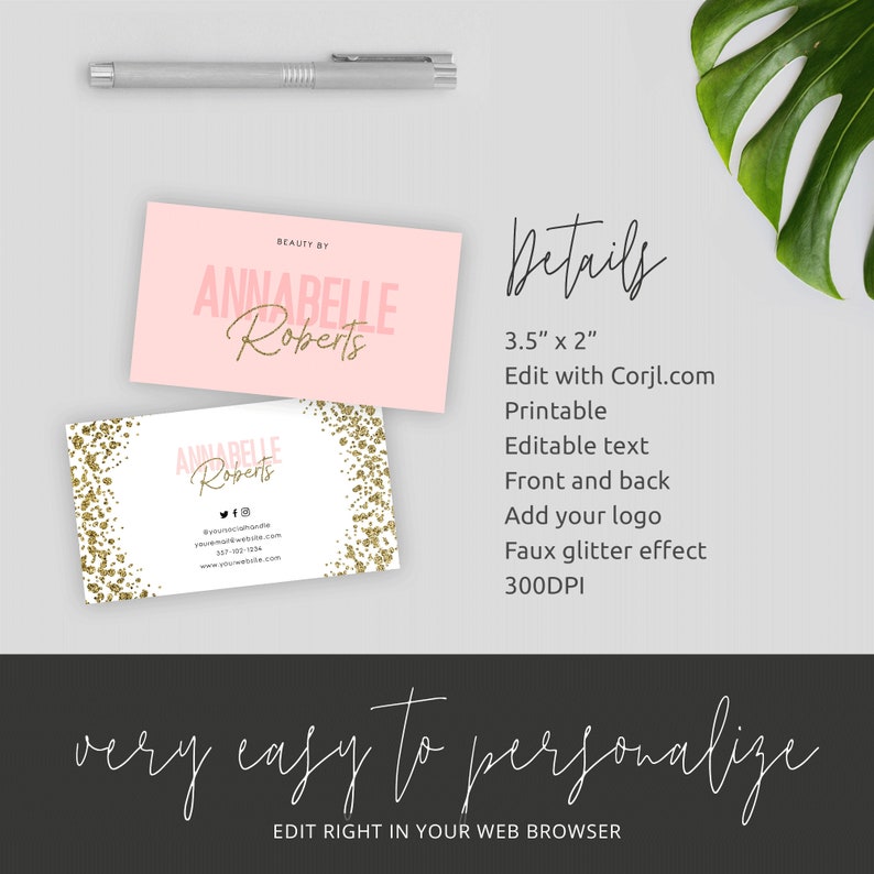 Gold Glitter & Pink Business Card Template Customizable Girly - Etsy