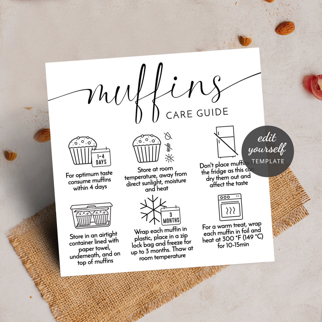 Muffins Care Card Template, Custom Storage & Reheating Instructions for ...