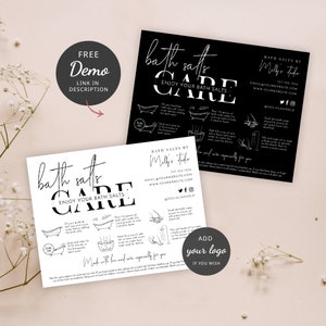 Minimalist Bath Salts Care Card Template, Editable Bath Soak Care Guide ...