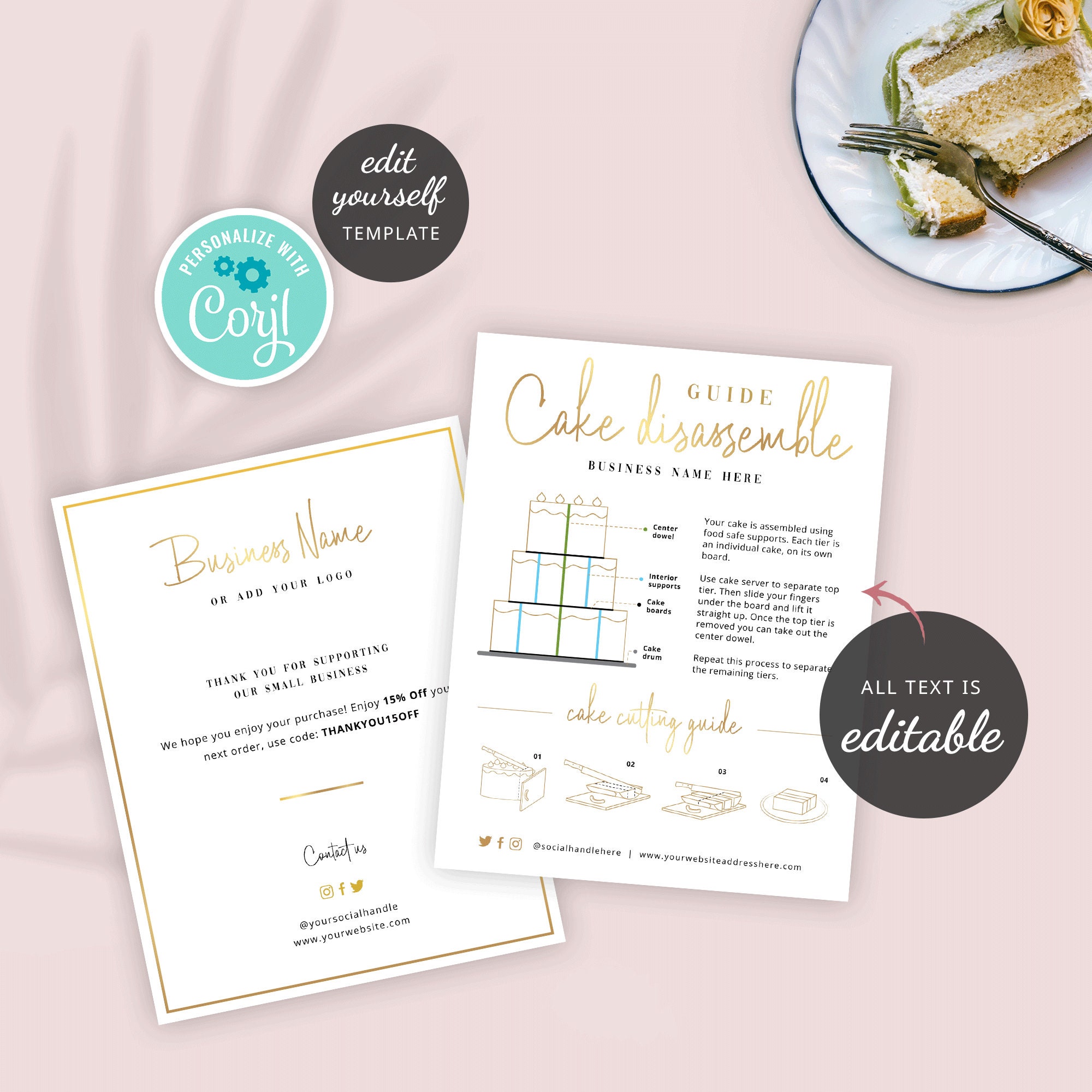 Editable Cake Serving Guide Template Faux Gold Tiered Cake - Etsy