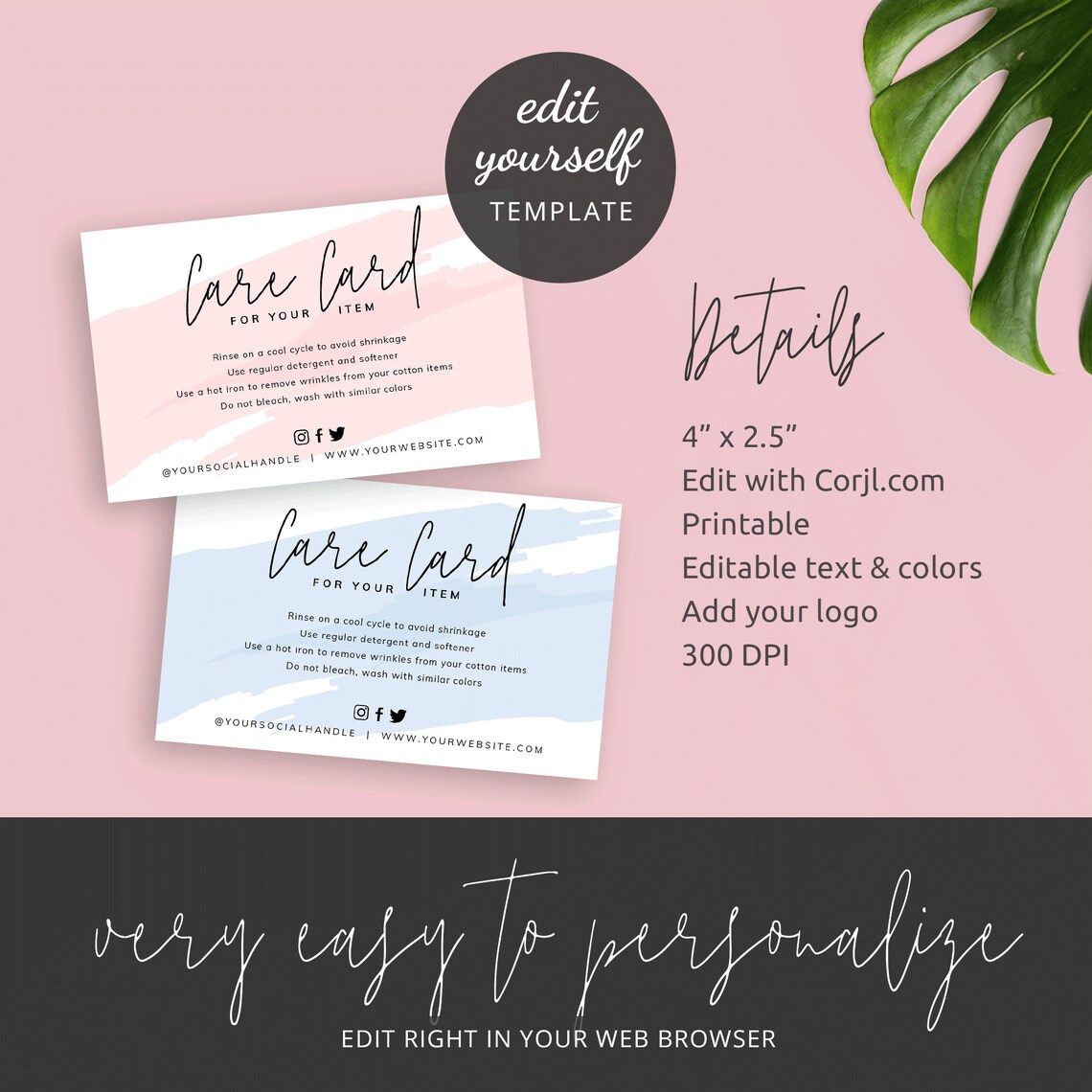 Editable Care Card Template, Care Instructions Card Design, DIY ...