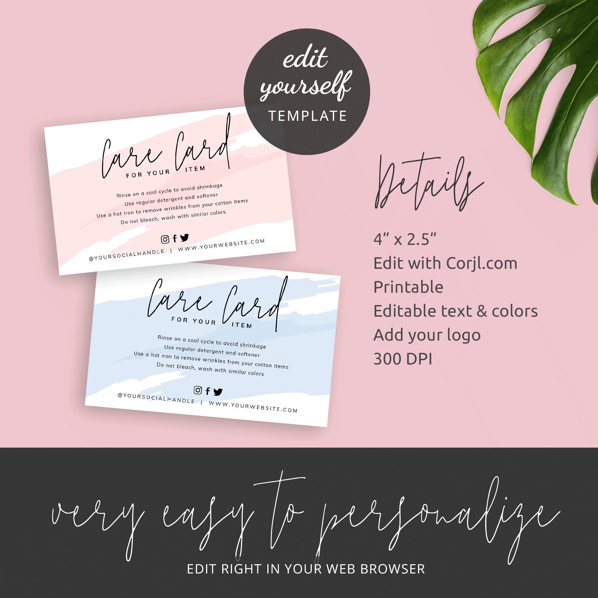 Editable Care Card Template, Care Instructions Card Design, DIY ...