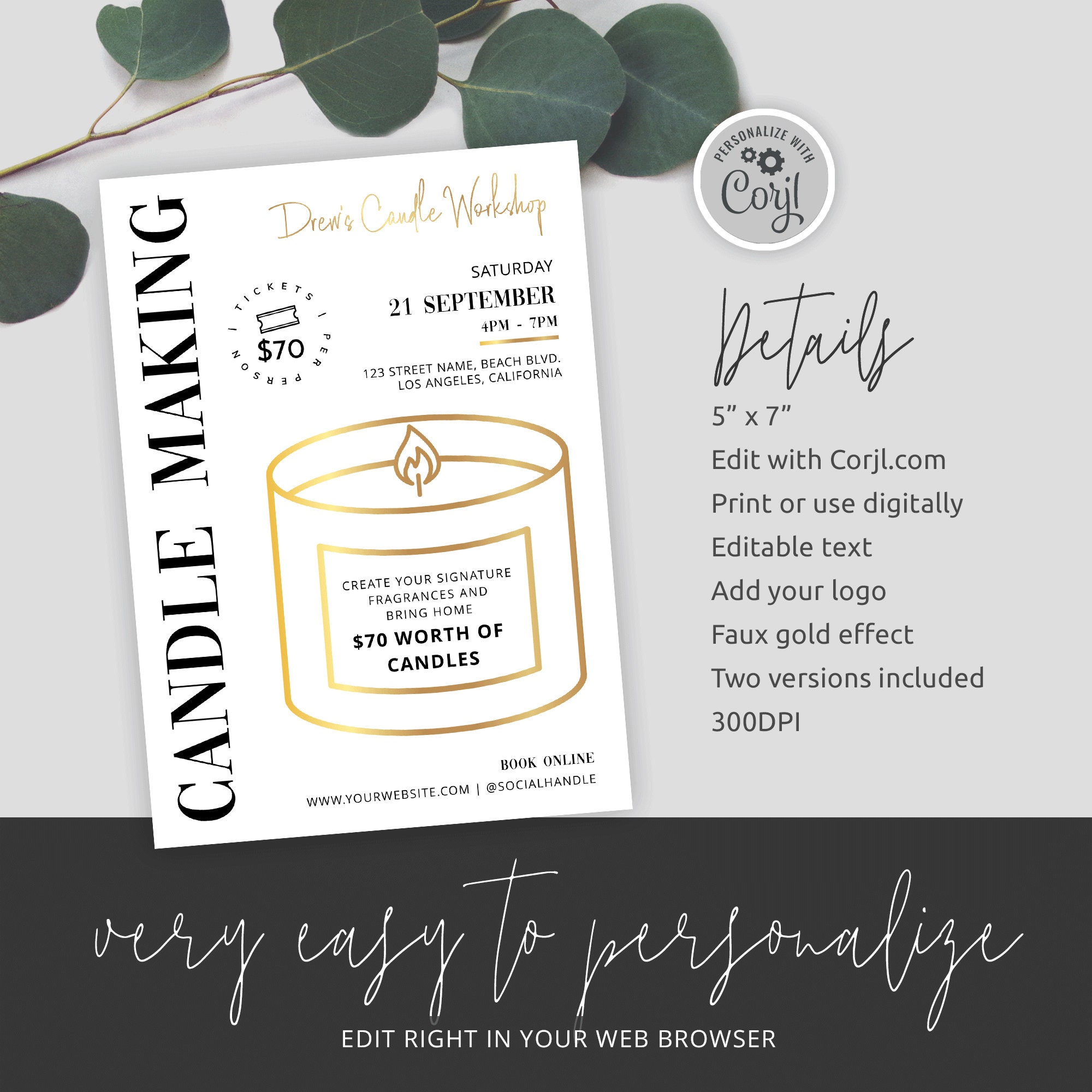 DIY Candle Class Marketing Template, Faux Gold Candle Workshop Promo ...
