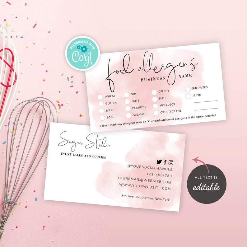 Custom Allergens Cards Template Feminine Customer Allergies - Etsy