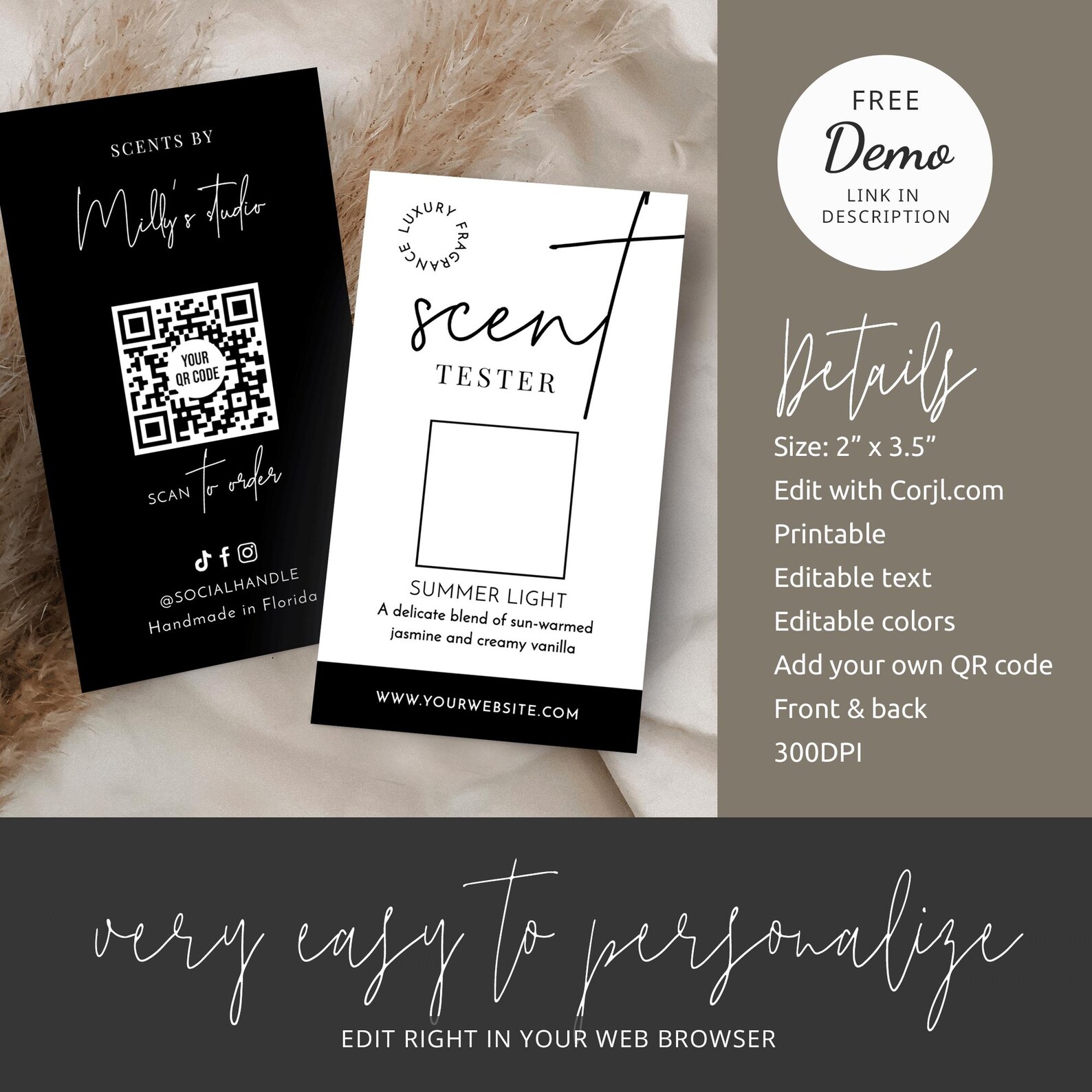 Sample Scent Card Template, Candle Fragrance Sampler, Minimalist Black ...