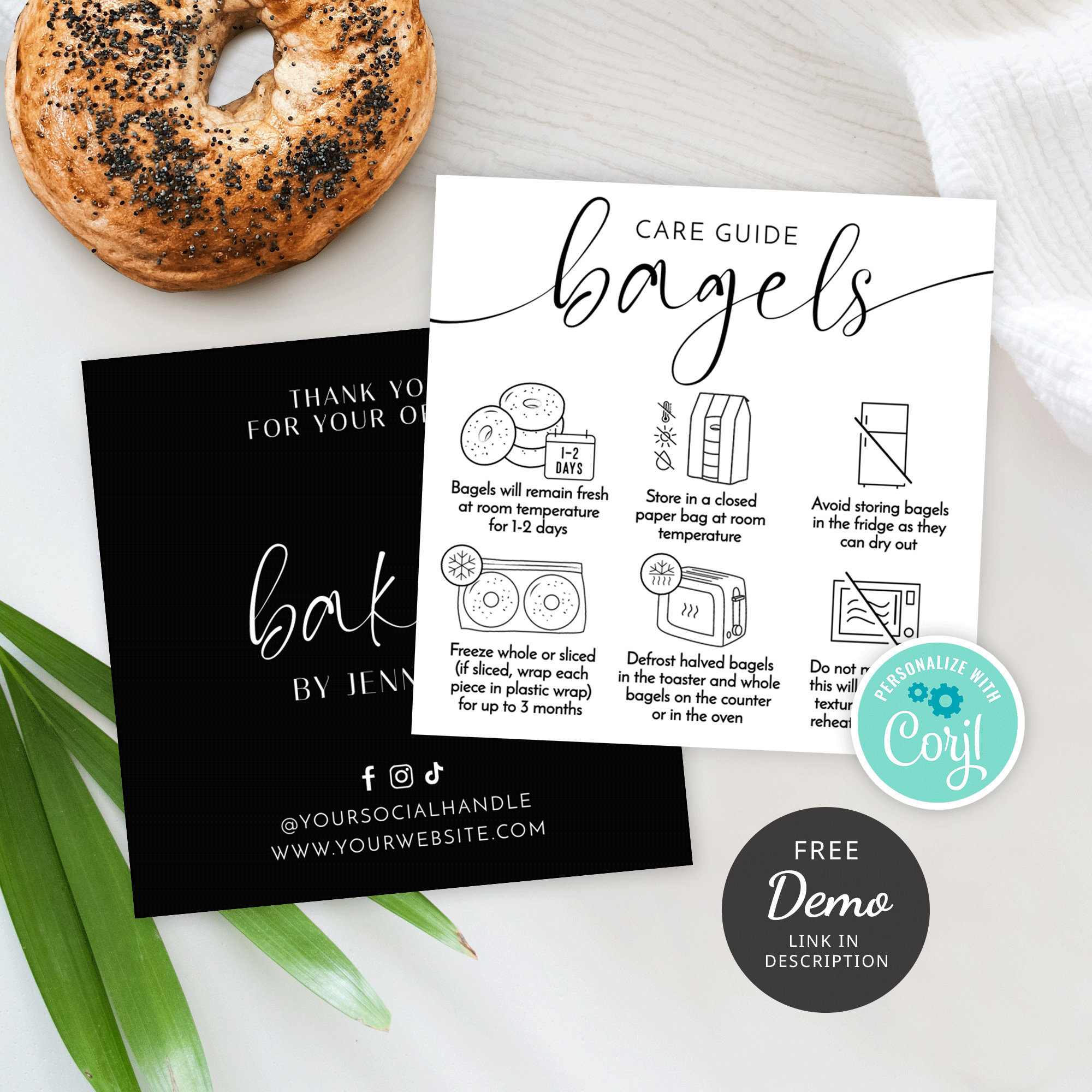 Minimal Bagel Care Card Template, Custom Bread Roll Storage ...