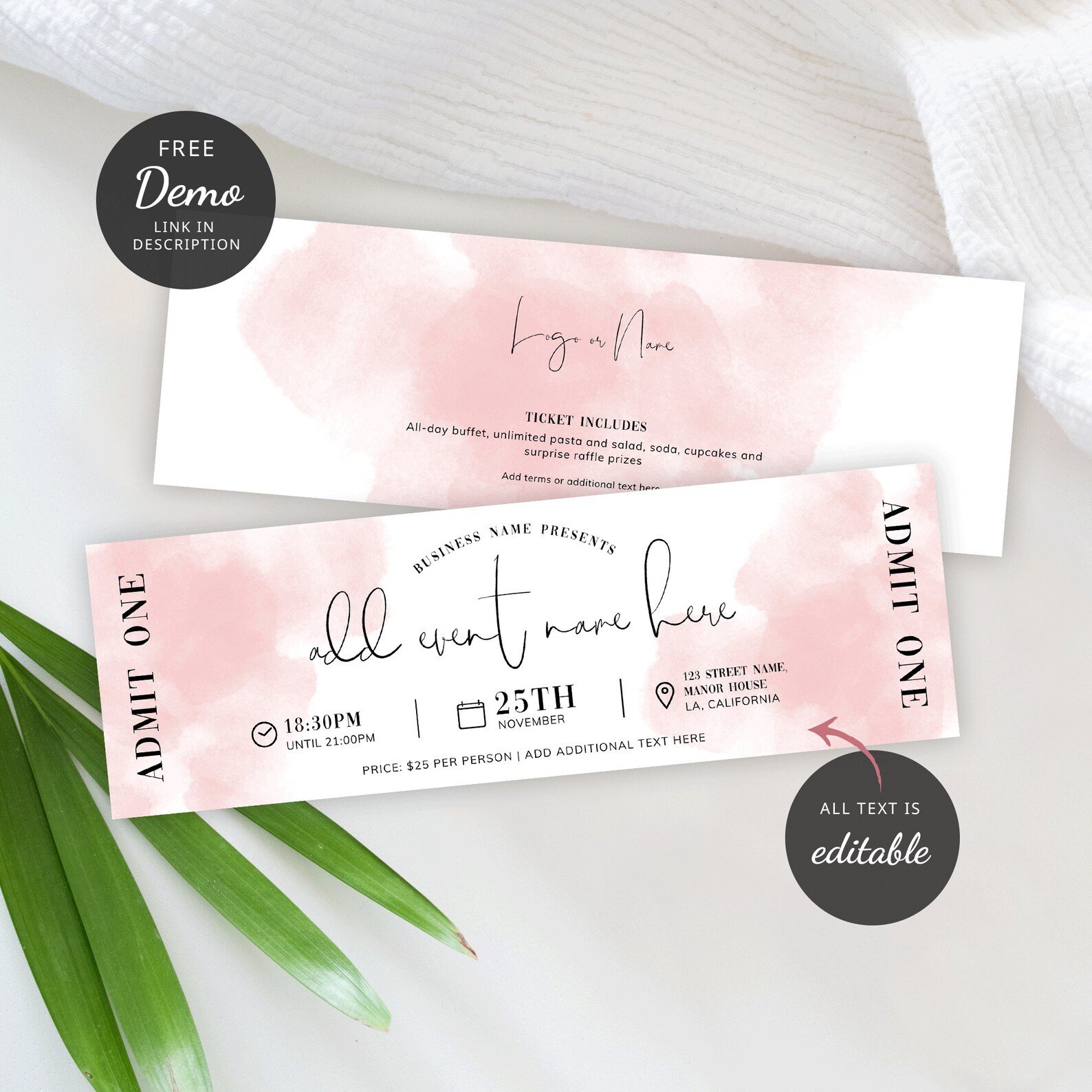 Editable Ticket Template Blush Pink Watercolor, Printable Event Entry ...