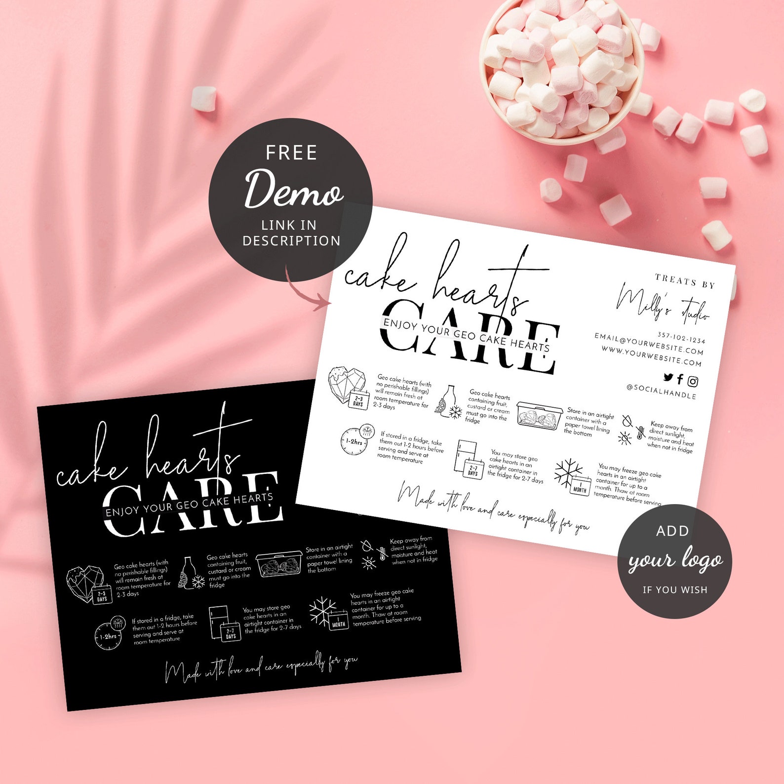 Custom Cake Hearts Care Card Minimalist Cake Gems Care Guide | Etsy