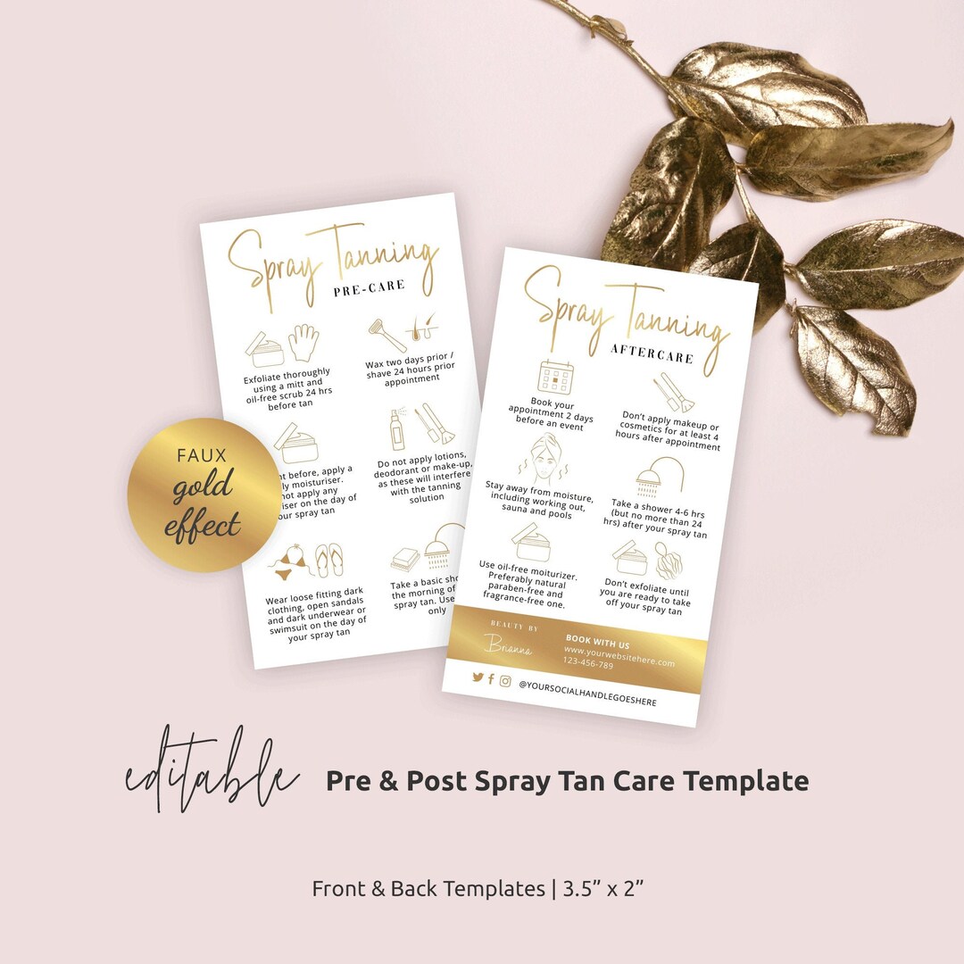 Tanning Pre and Post Care Template, Editable Spray Tan Care Guide, Gold ...