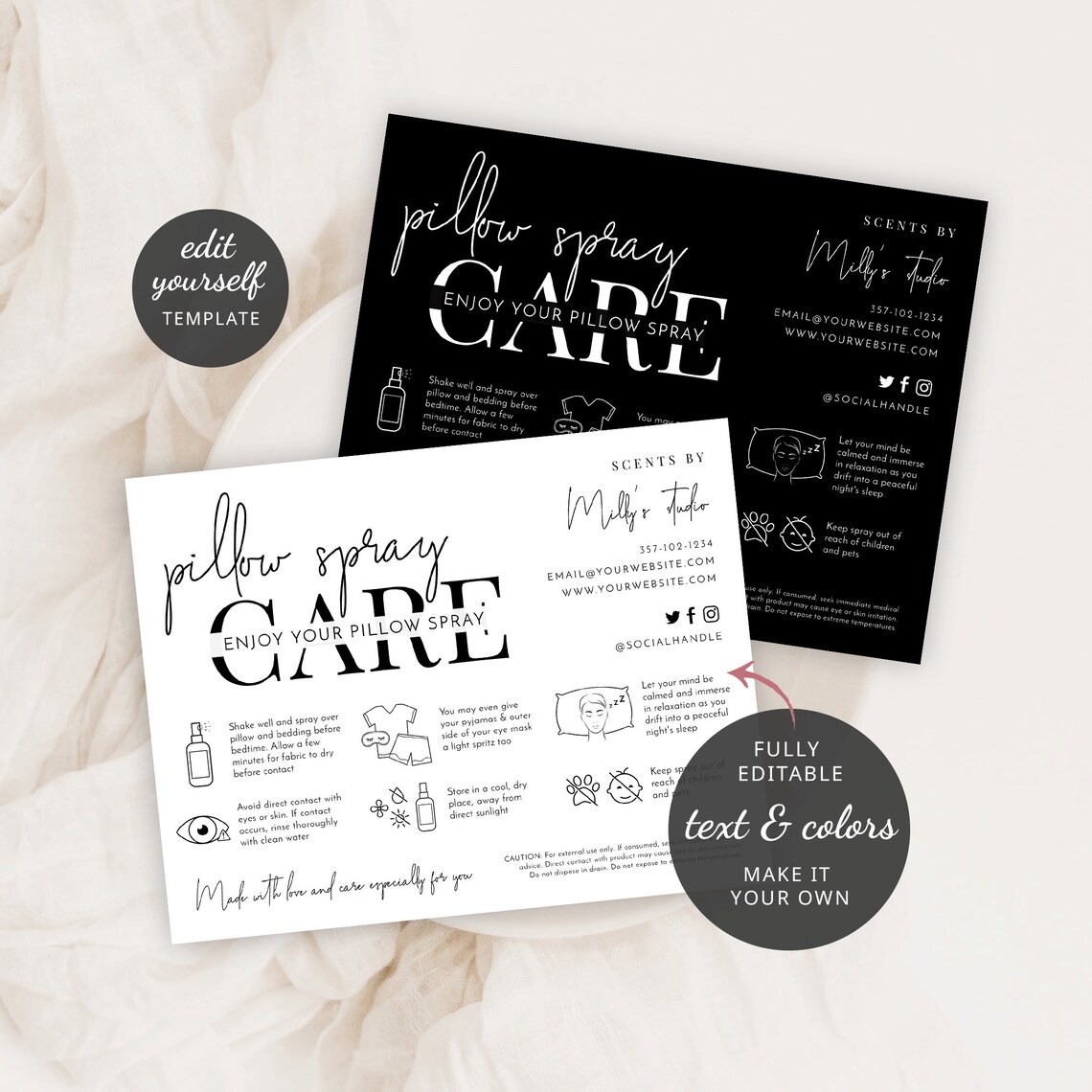 Pillow Spray Care Card Template Custom Sleep Mist Care Guide | Etsy